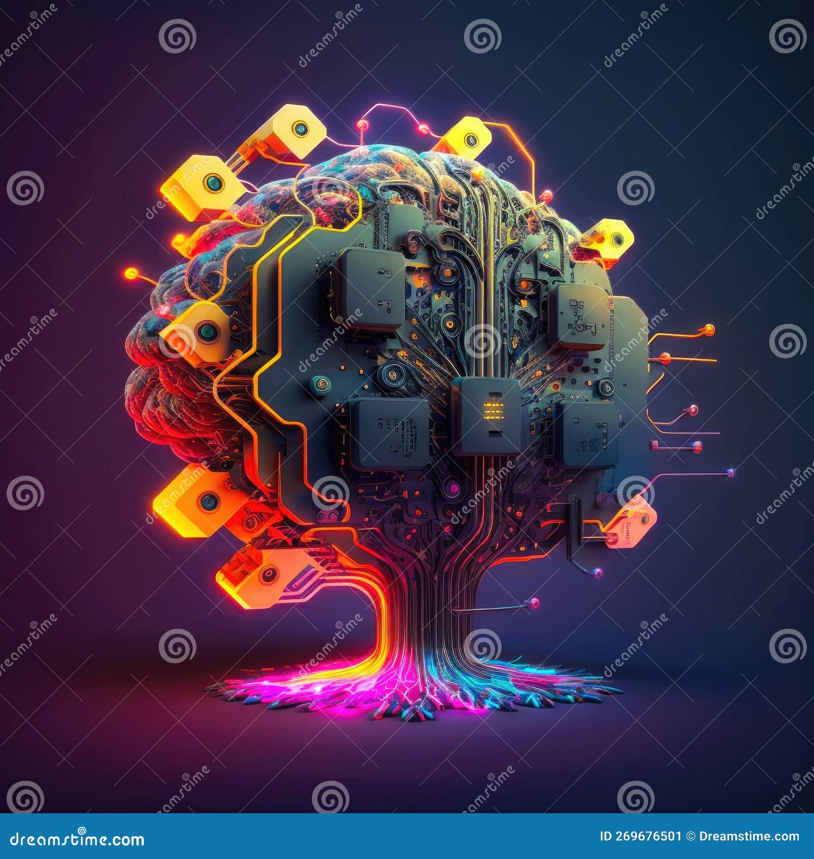 Microchip Inside Cloud of Dots and Lines in Shape of Biological Brain ...