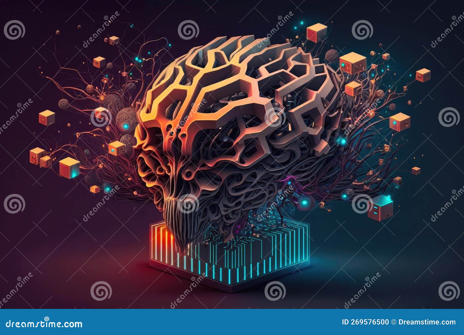 Microchip Inside Cloud Of Dots And Lines In Shape Of Biological Brain ...