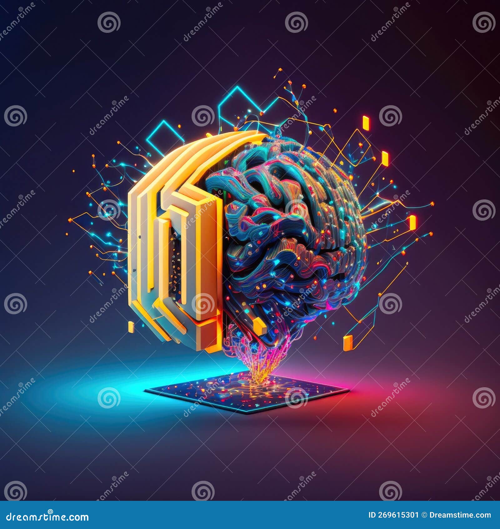 Microchip Inside Cloud of Dots and Lines in Shape of Biological Brain ...