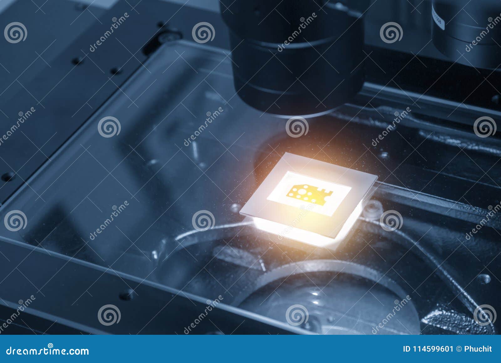 The Microchip on the Microscope in the Light Blue Scene Stock Image ...