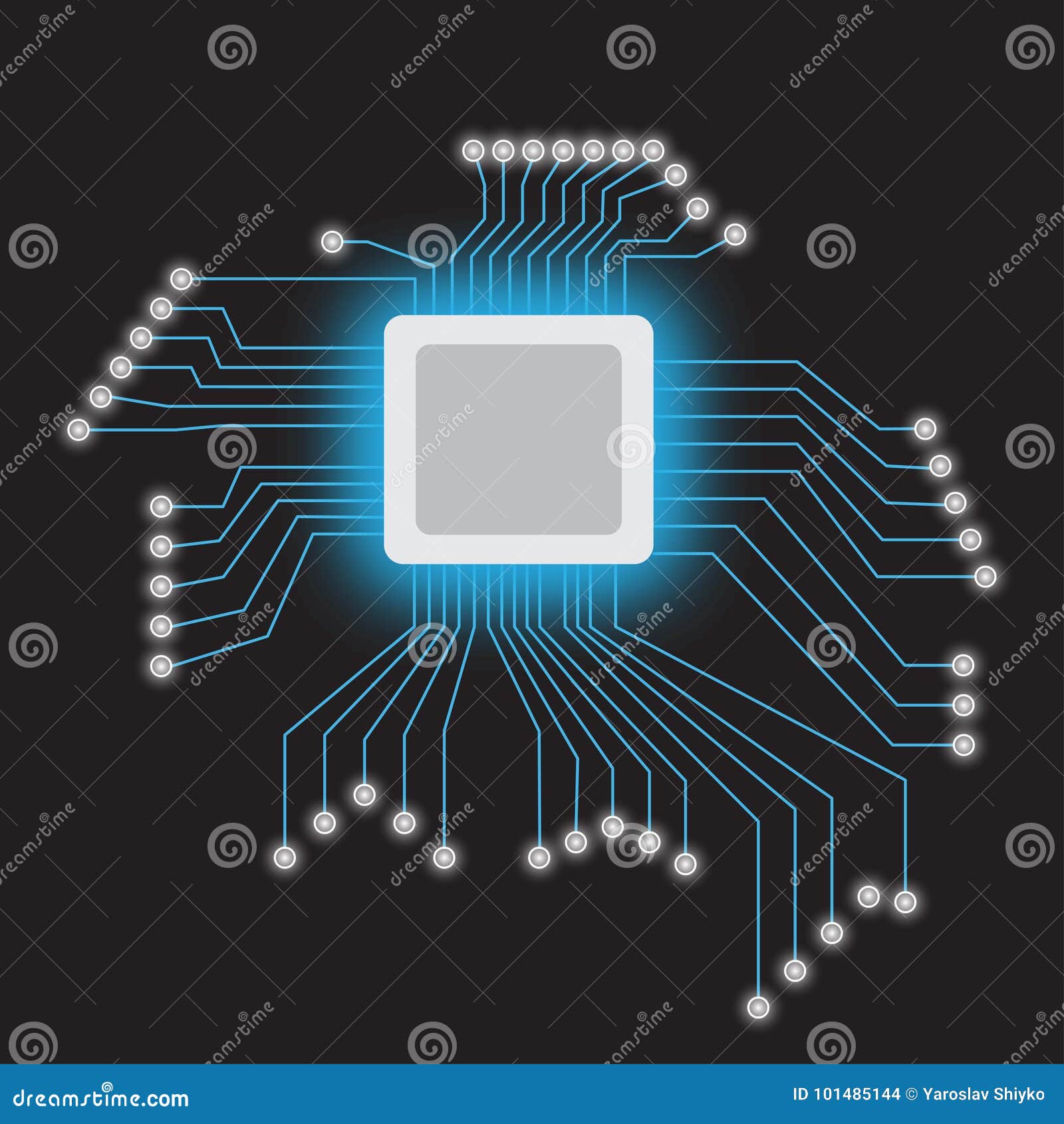 Microchip Processor with Neon Lights on the Dark Background. Vector ...