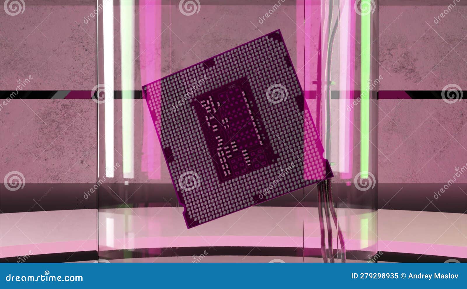 The Microchip Rotates Above the Floor. Pink Neon Light. Abstract ...
