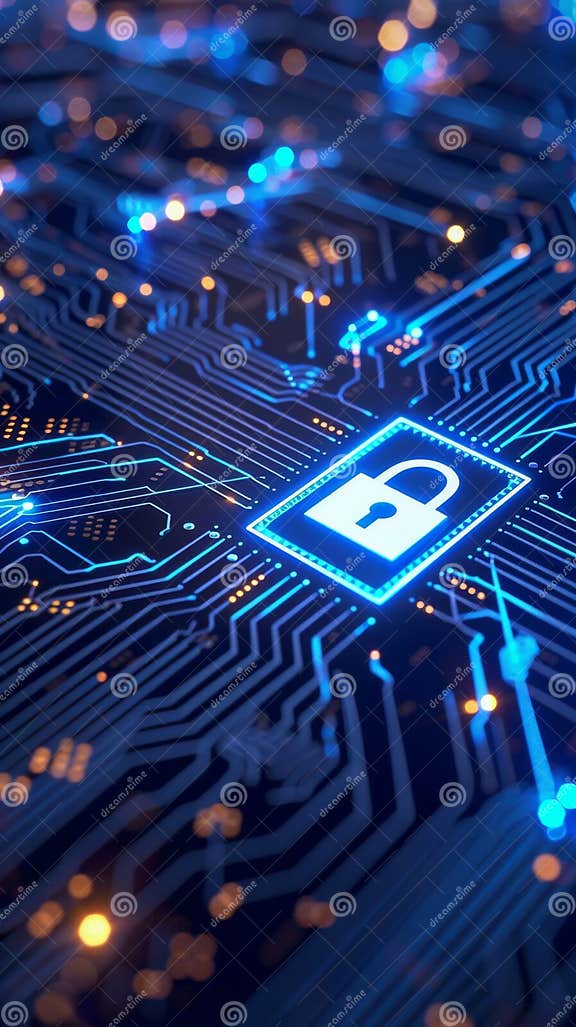 Microchip with Security Lock Icon Representing Cybersecurity and Data ...