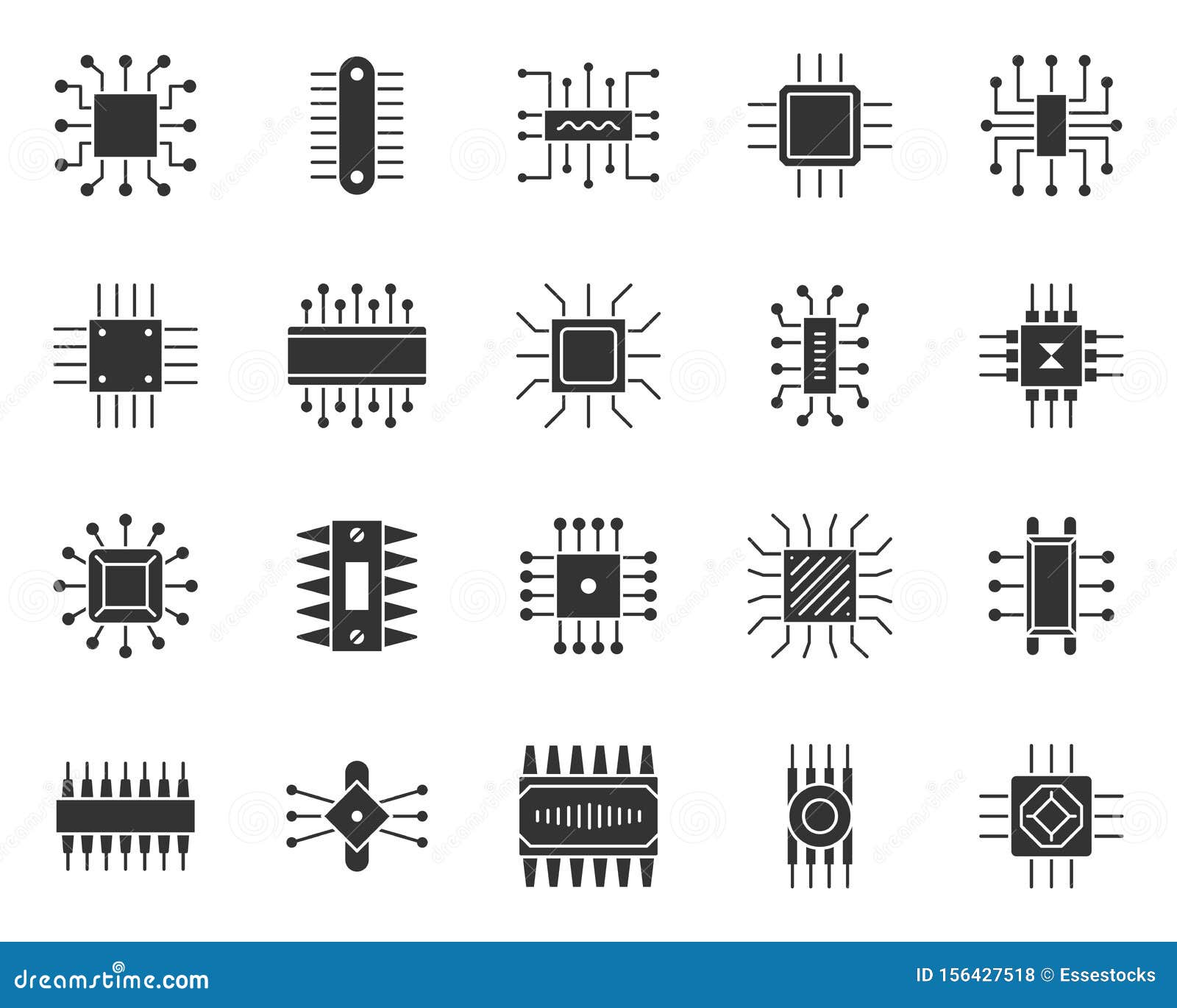 Microchip Pc Cpu Processor Black Icon Vector Set Stock Vector ...
