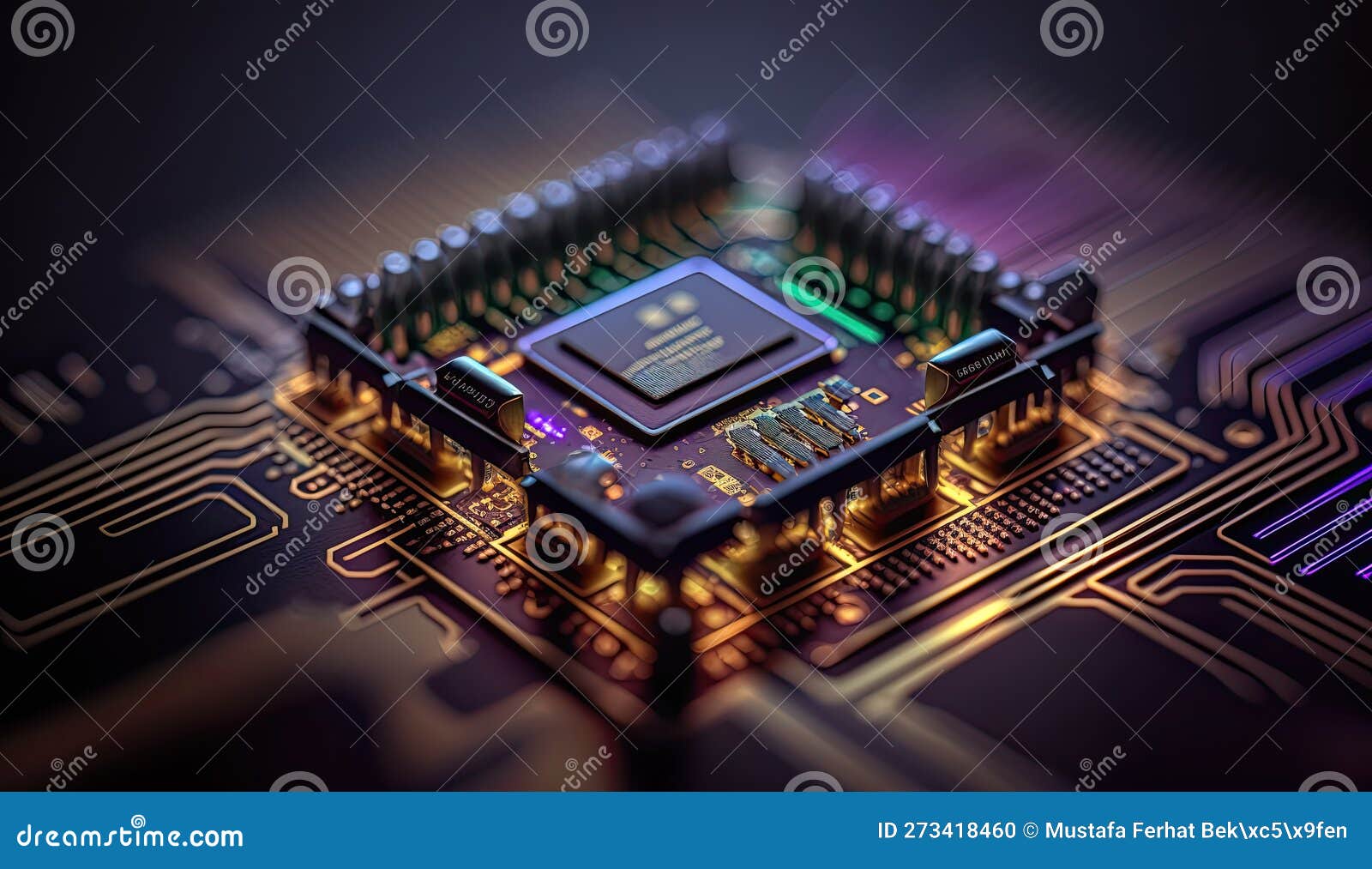 Microchip, Surface Zoom in Computer Chip Technology, Neon Light Lines ...