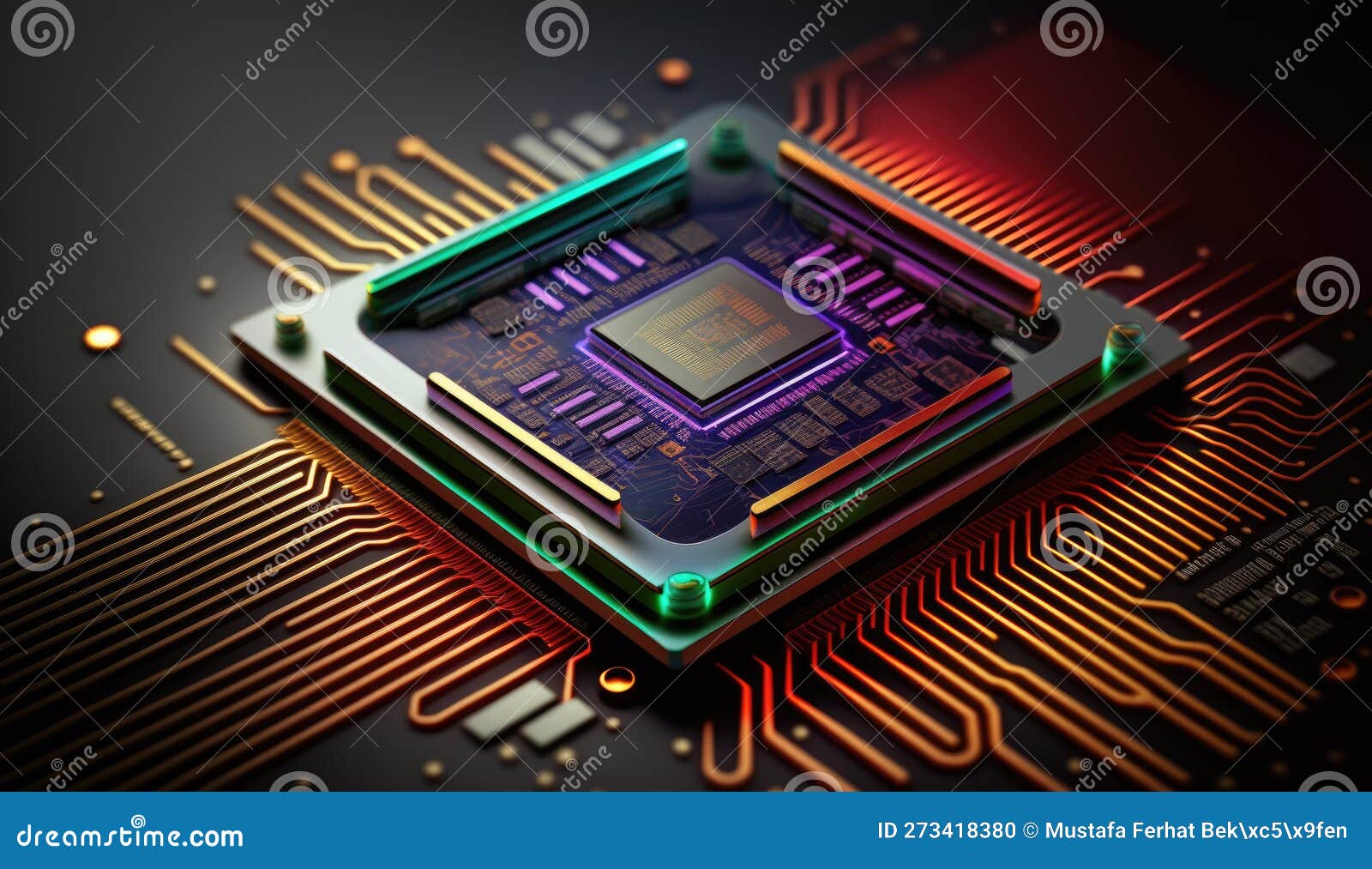 Microchip, Surface Zoom in Computer Chip Technology, Neon Light Lines ...