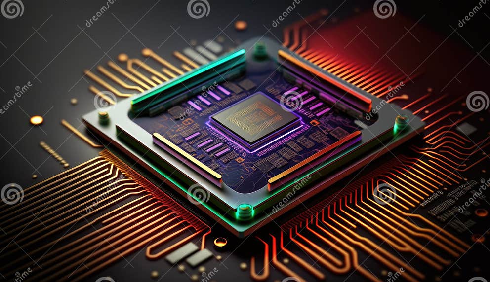 Microchip, Surface Zoom in Computer Chip Technology, Neon Light Lines ...