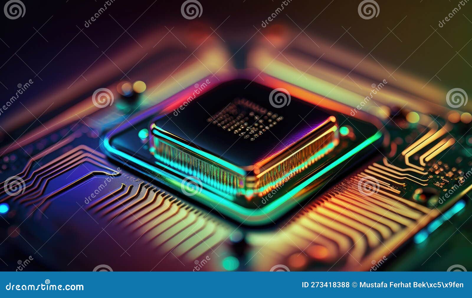 Microchip, Surface Zoom in Computer Chip Technology, Neon Light Lines ...