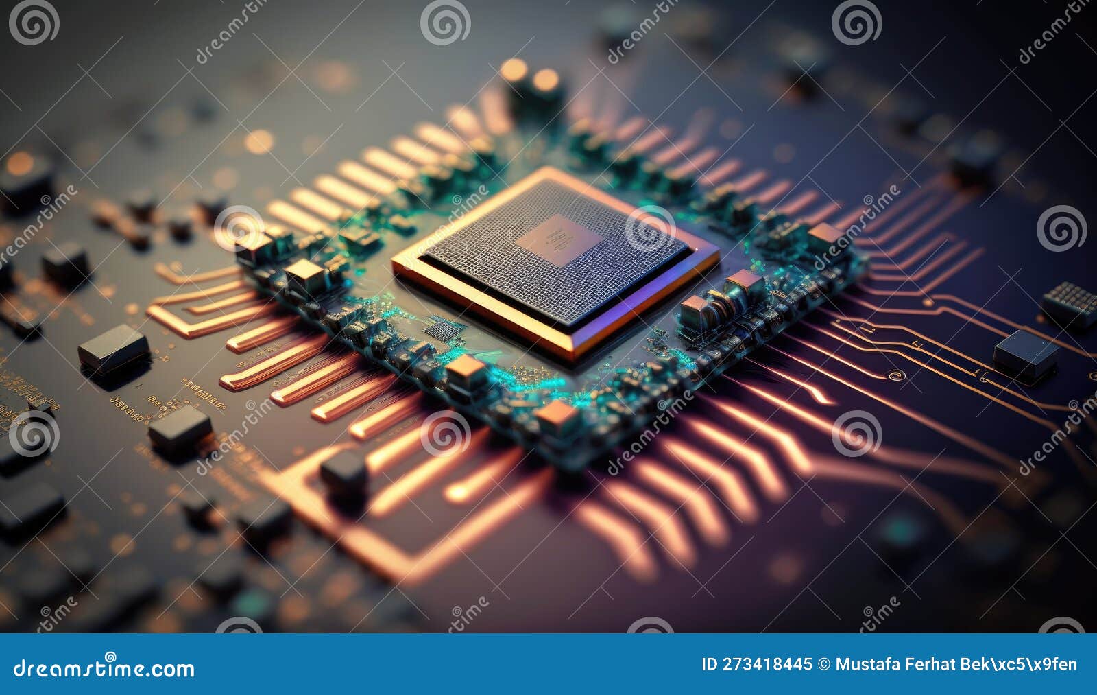 Microchip, Surface Zoom in Computer Chip Technology, Neon Light Lines ...