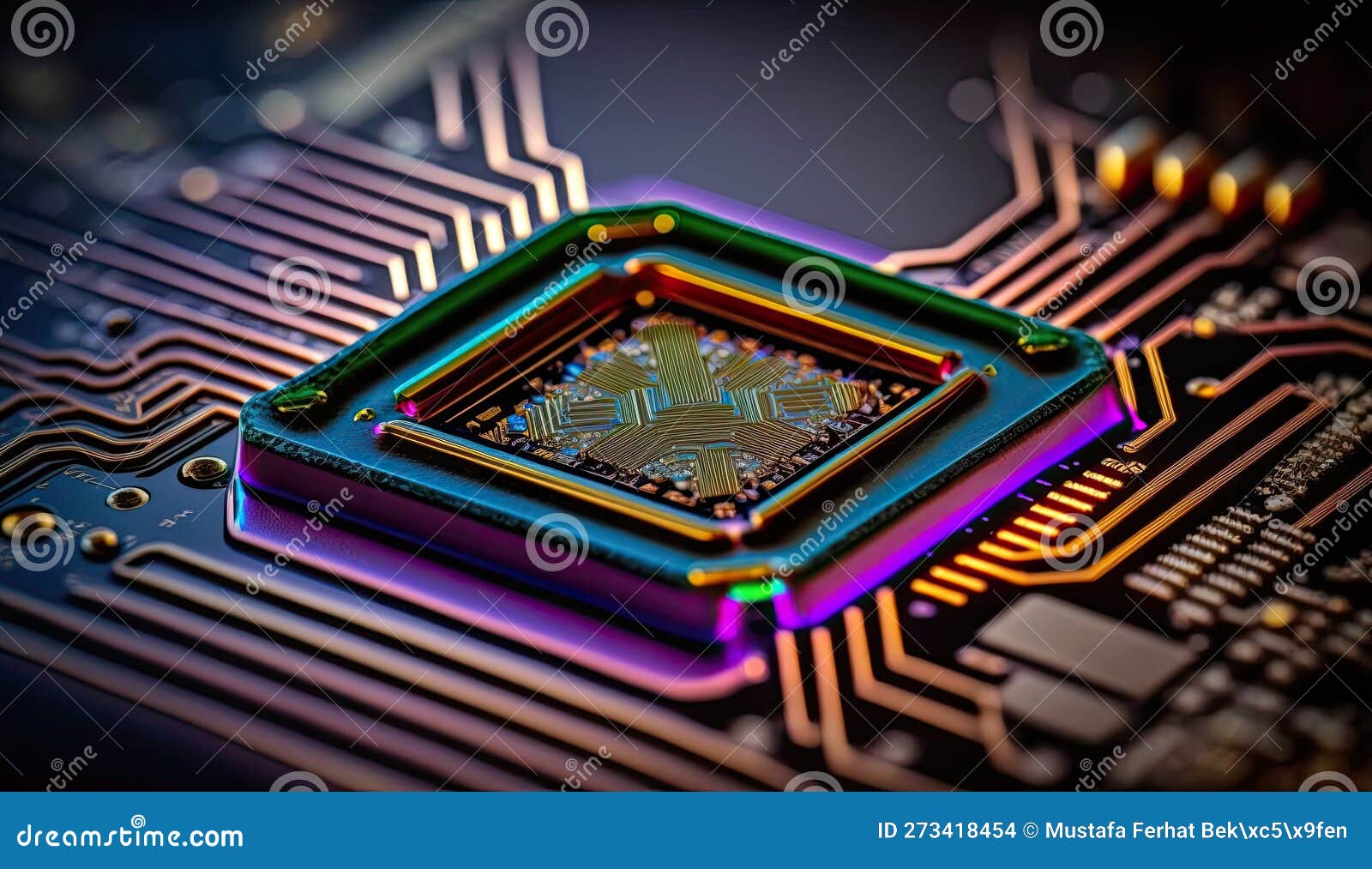 Microchip, Surface Zoom in Computer Chip Technology, Neon Light Lines ...