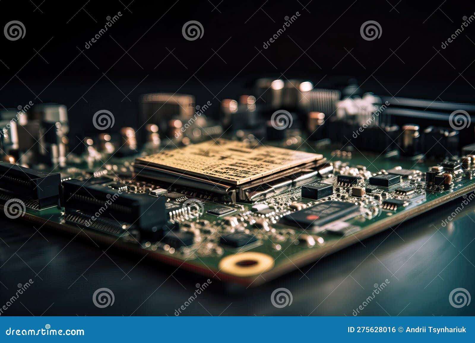 Microcircuit and Motherboard Close-up on a Black Background, Generative ...