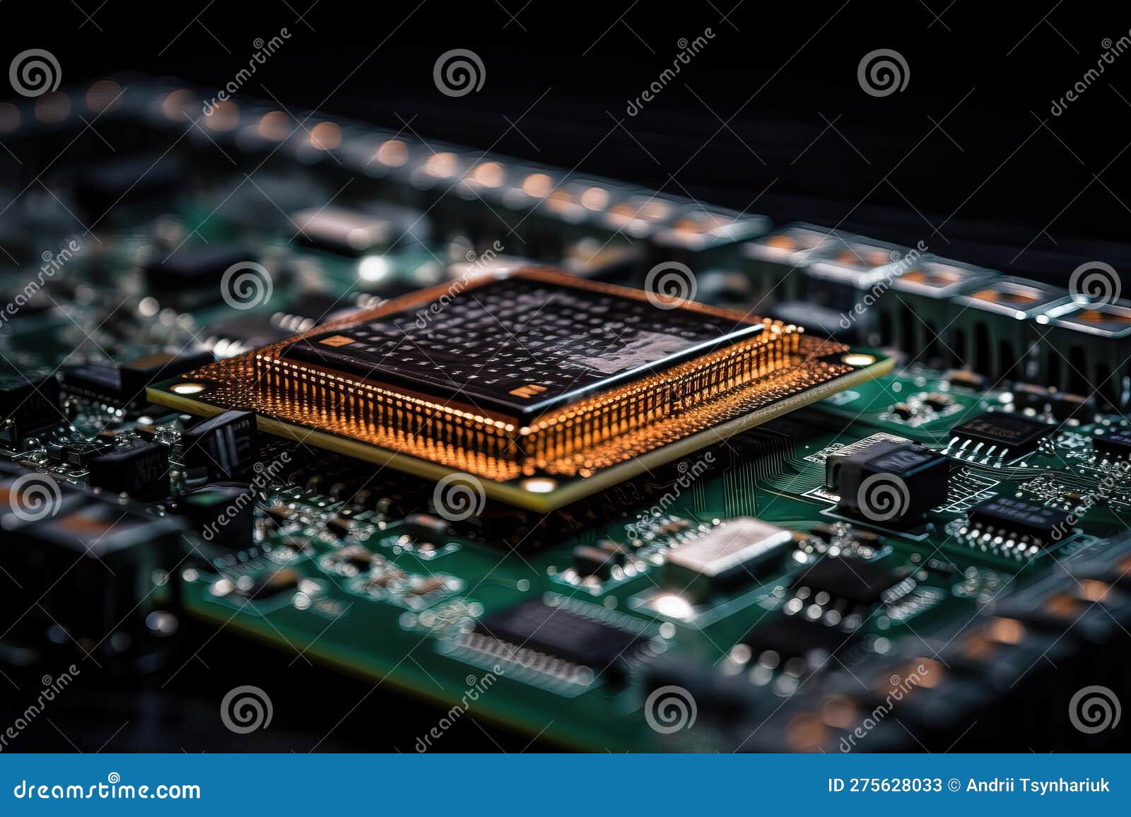 Microcircuit and Motherboard Close-up on a Black Background, Generative ...