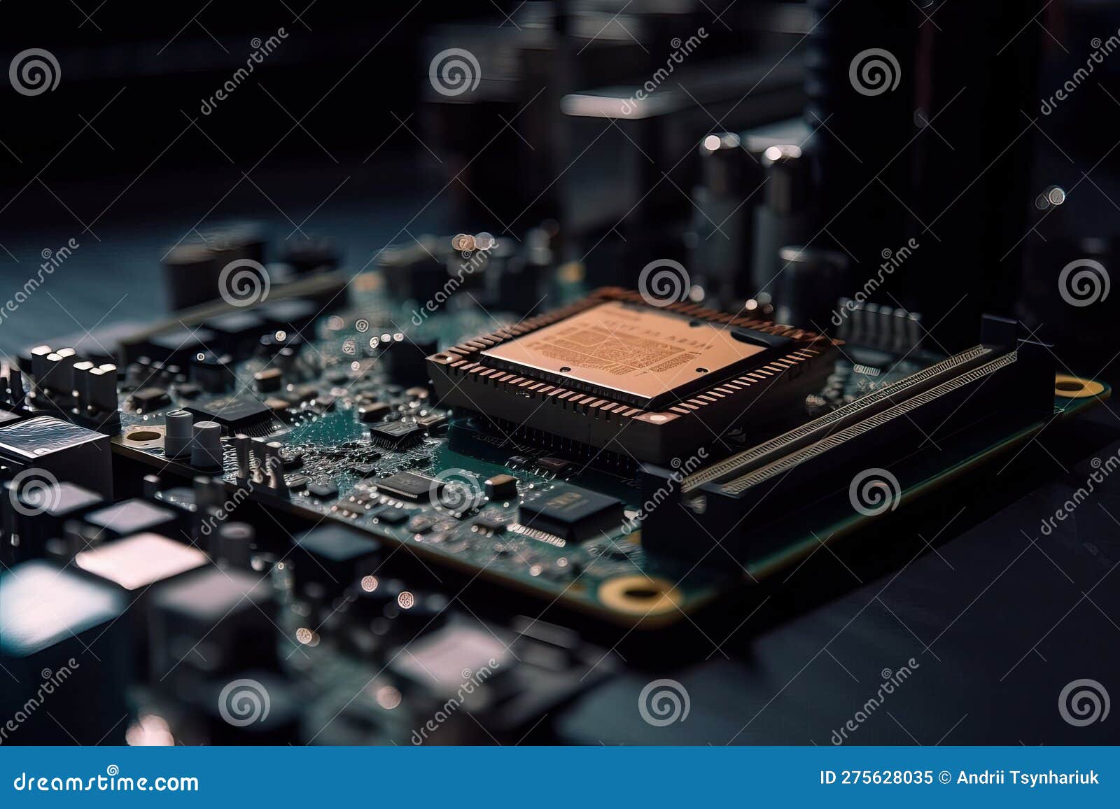 Microcircuit and Motherboard Close-up on a Black Background, Generative ...