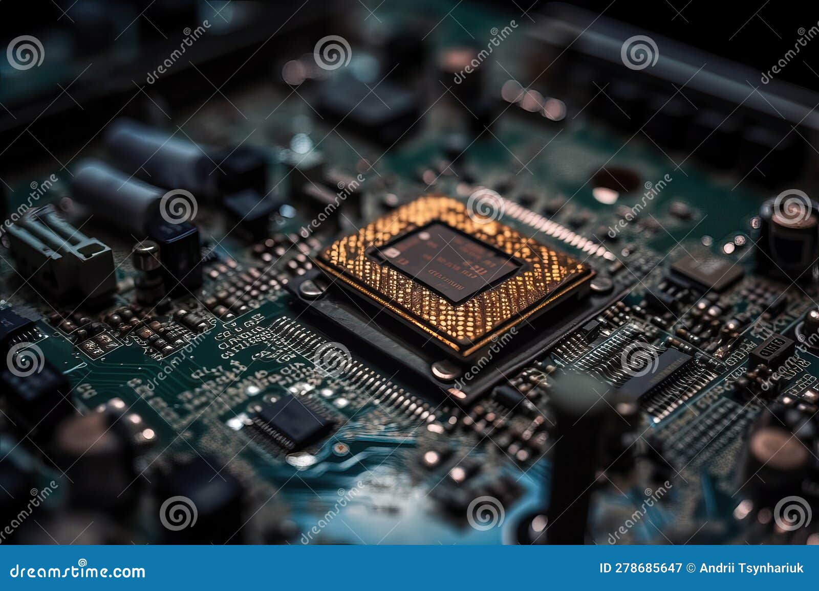 Microcircuit and Motherboard Close-up on a Black Background, Generative ...