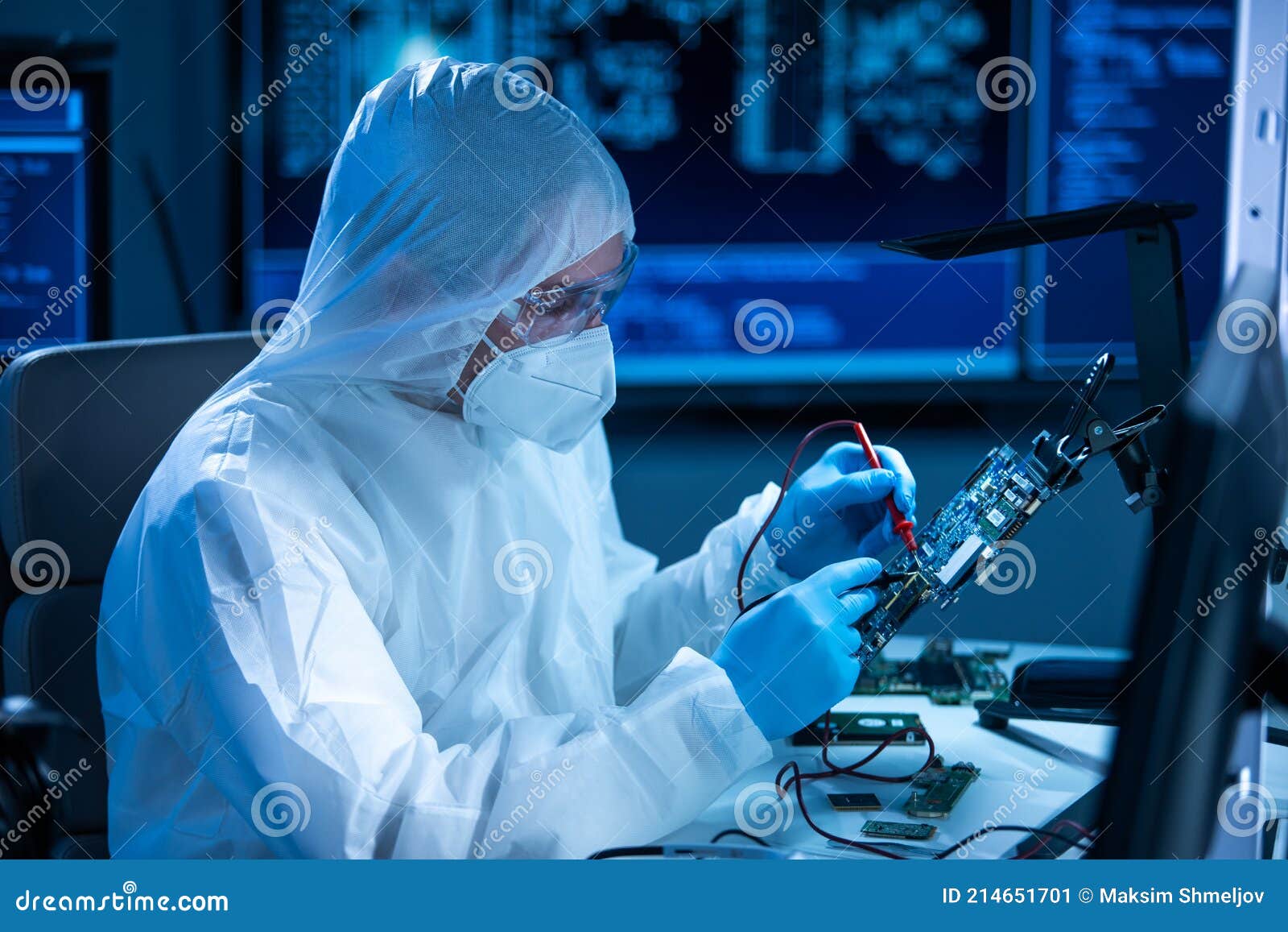 Microelectronics Engineer Works in a Modern Scientific Laboratory on ...