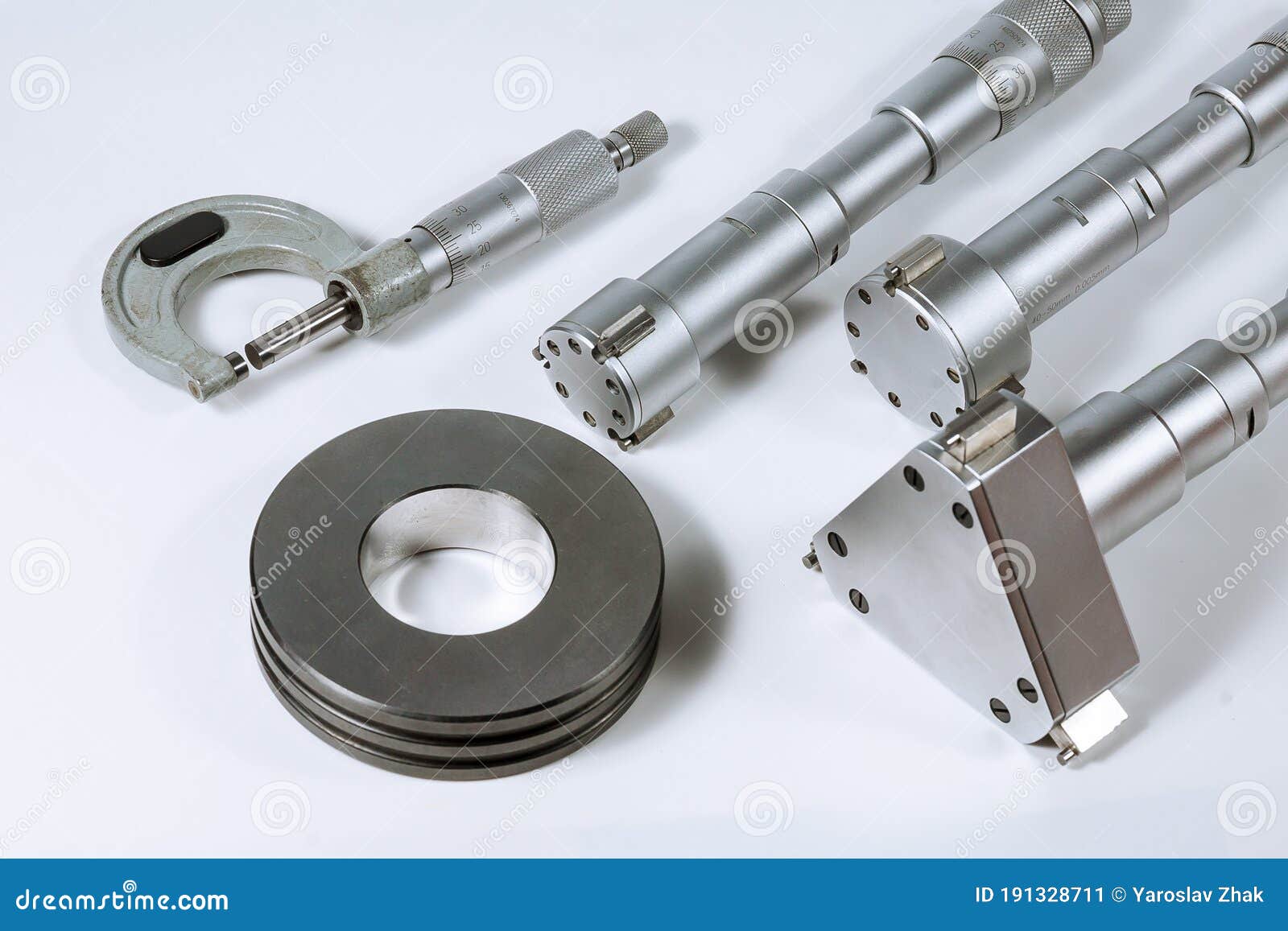 Set of Micrometers on a White Background. Micrometer with Check Ring ...