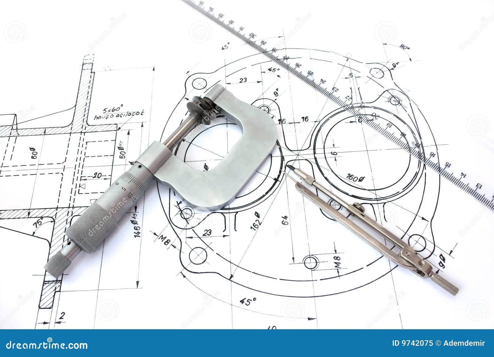Micrometer Compass and Ruler on Blueprint Stock Image - Image of ...