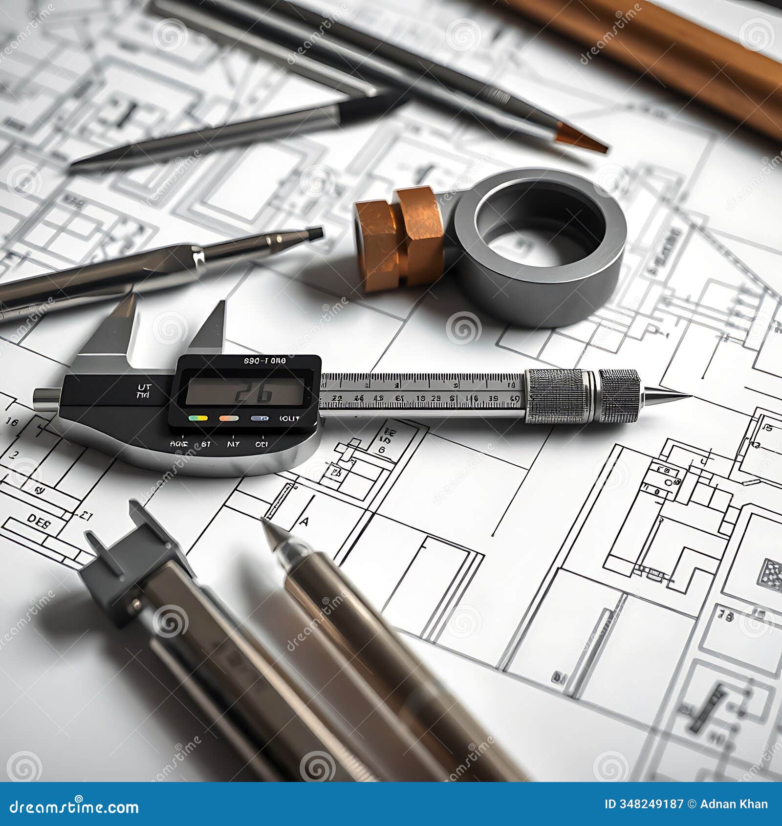A Micrometer and Precision Tools Arranged on a Blueprints Layout ...