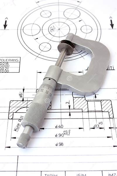Micrometer on Technical Drawing. Vertical Stock Image - Image of ...