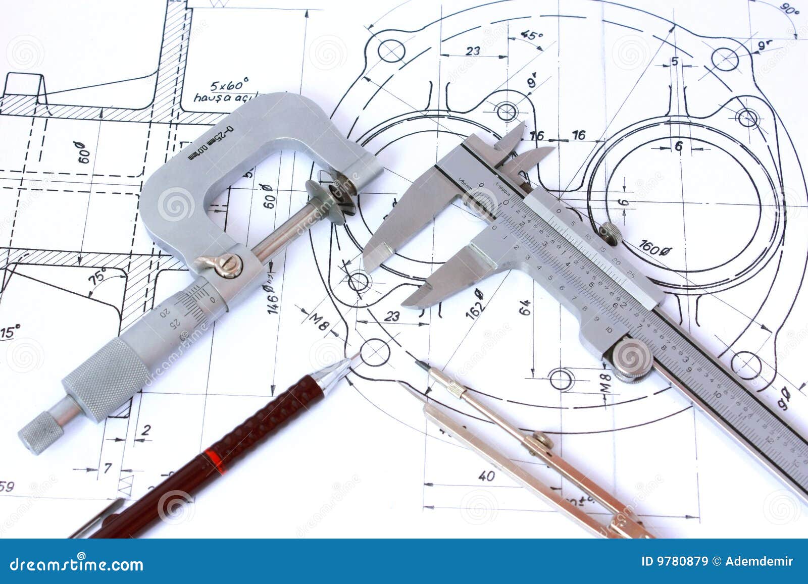 Micrometro, Compasso, Matita Meccanica E Bussola Immagine Stock ...