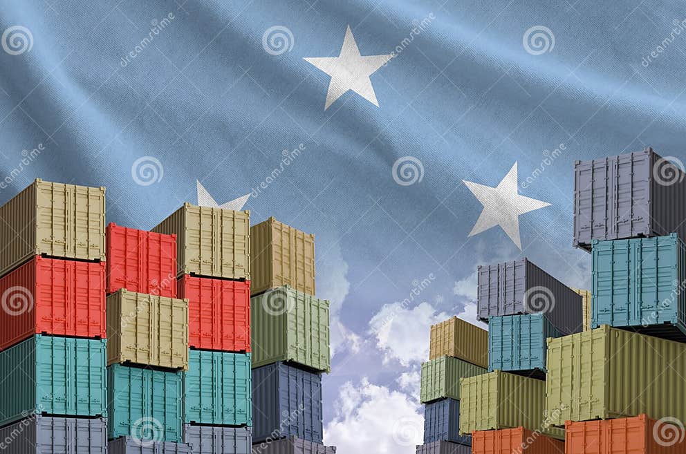 Micronesia Flag and Big Stack of Shipping Cargo Containers in Docks ...