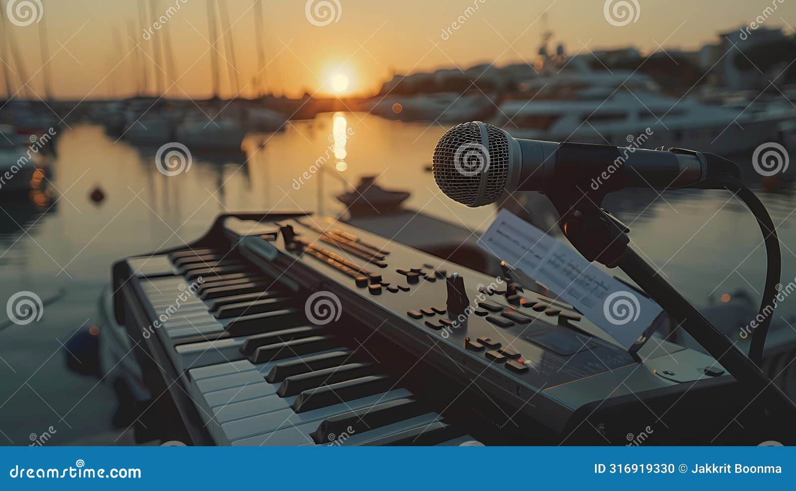 Microphone on the Background of Yachts and Boats at Sunset, Generative ...