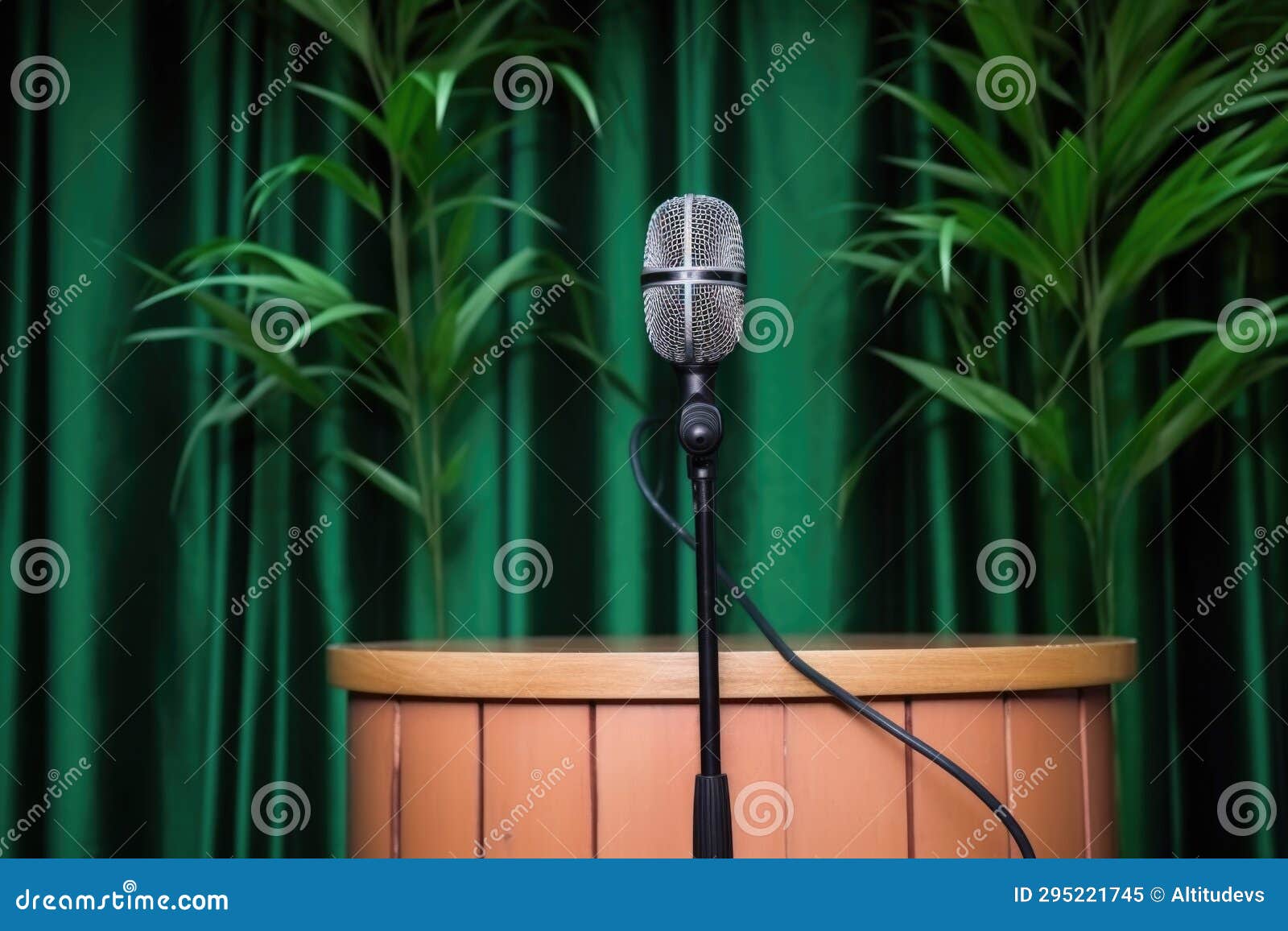 Microphone with a Bamboo Podium Against a Green Wall Stock Image ...