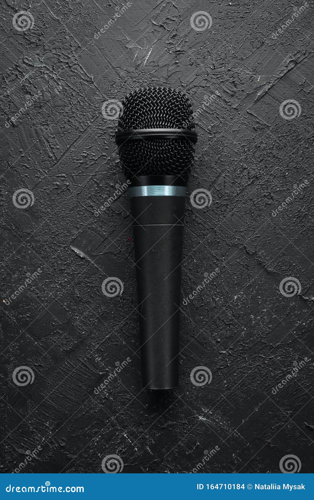 Microphone on Black Stone Table. Studio. Top View Stock Photo - Image ...