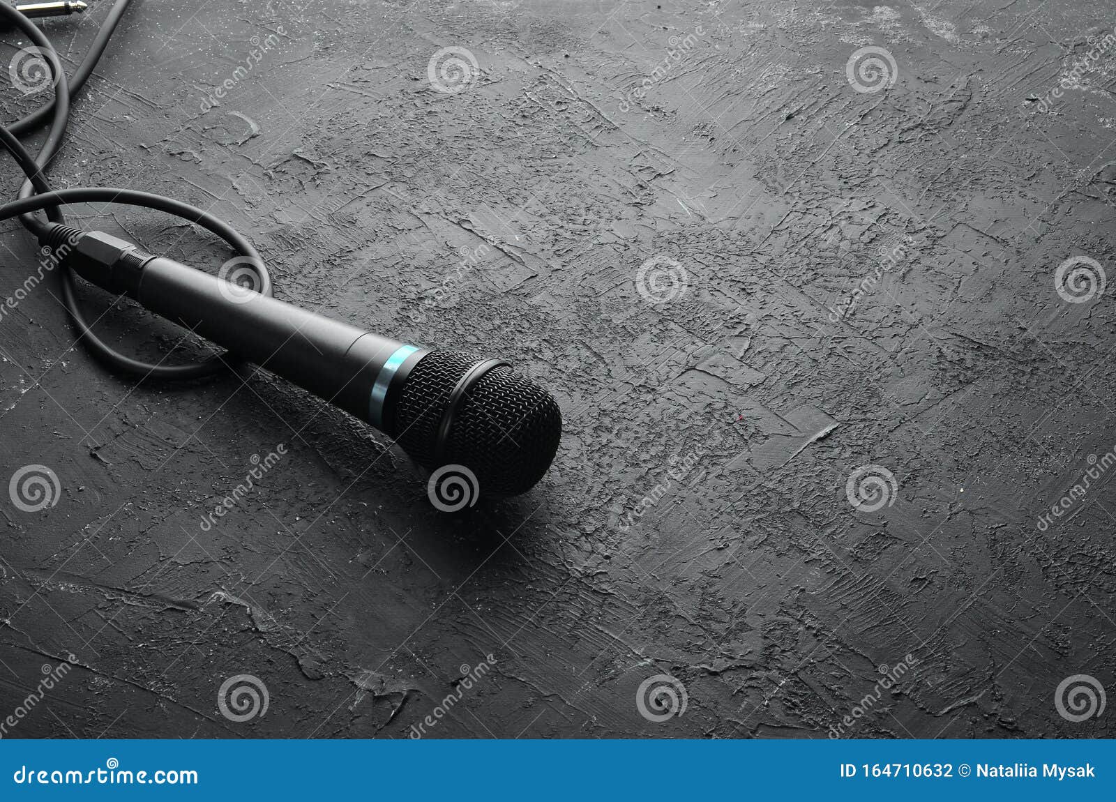 Microphone on Black Stone Table. Studio. Top View Stock Photo - Image ...