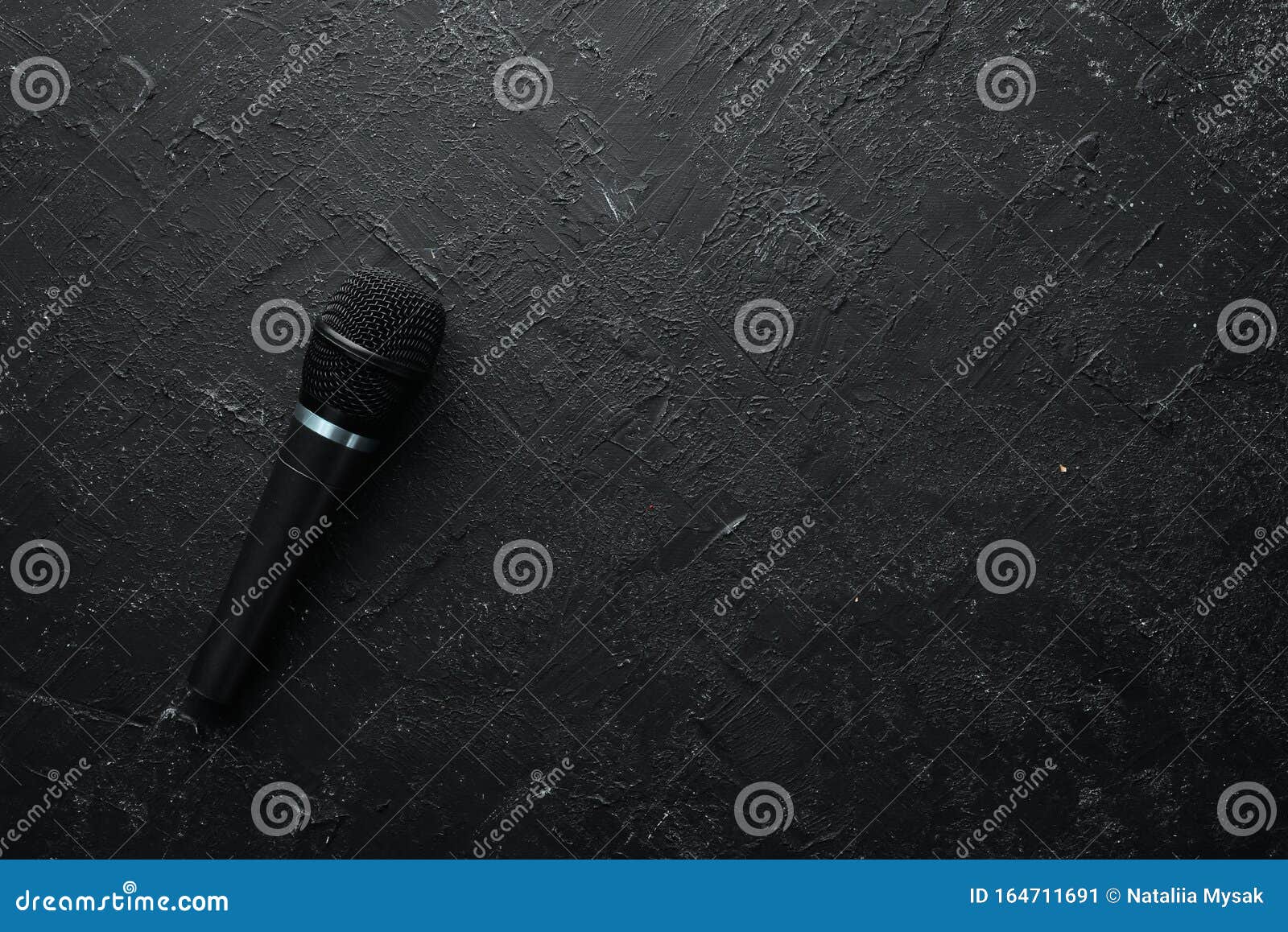Microphone on Black Stone Table. Studio. Top View Stock Image - Image ...