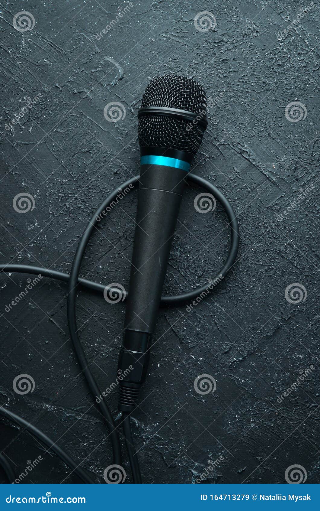 Microphone on Black Stone Table. Studio. Top View Stock Image - Image ...