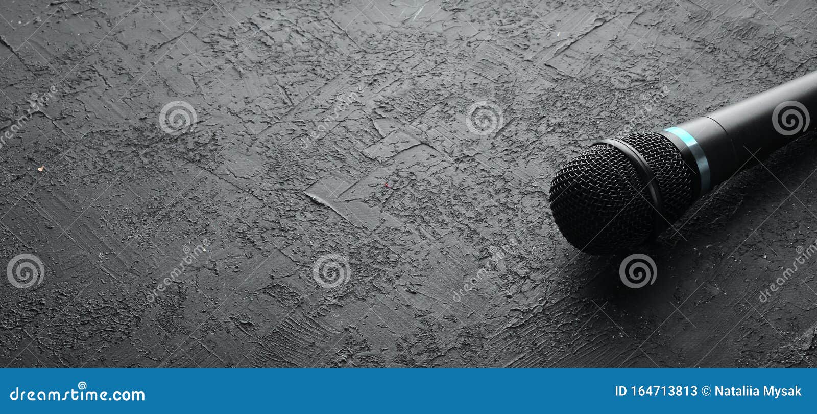 Microphone on Black Stone Table. Studio. Top View Stock Image - Image ...