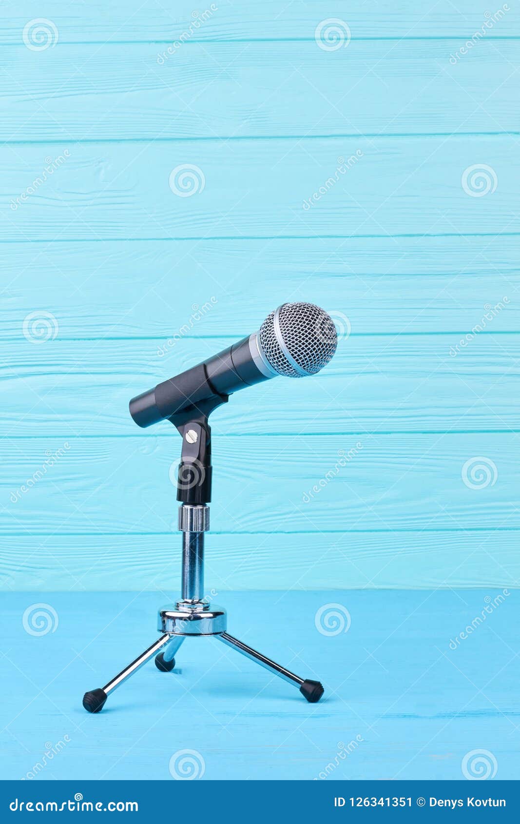 Microphone on Blue Wooden Background. Stock Image - Image of event ...