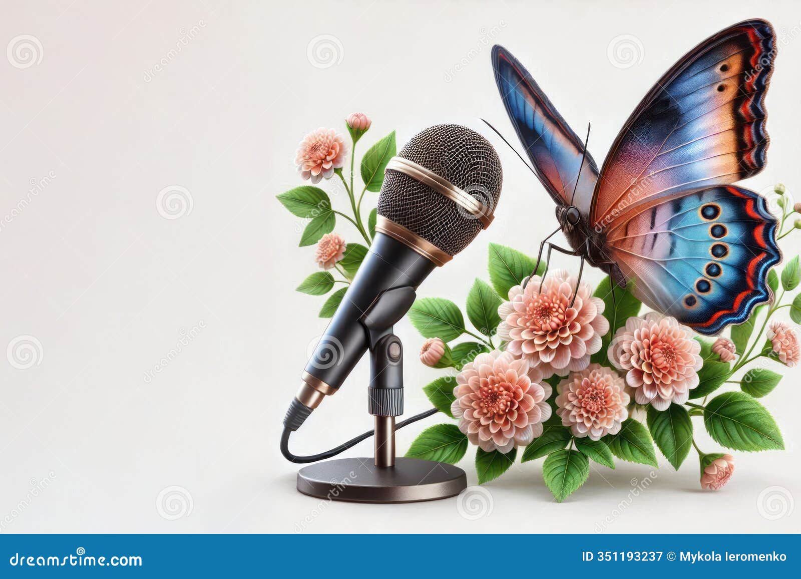 A Microphone with a Butterfly and Flowers. Space for Text. Stock Image ...