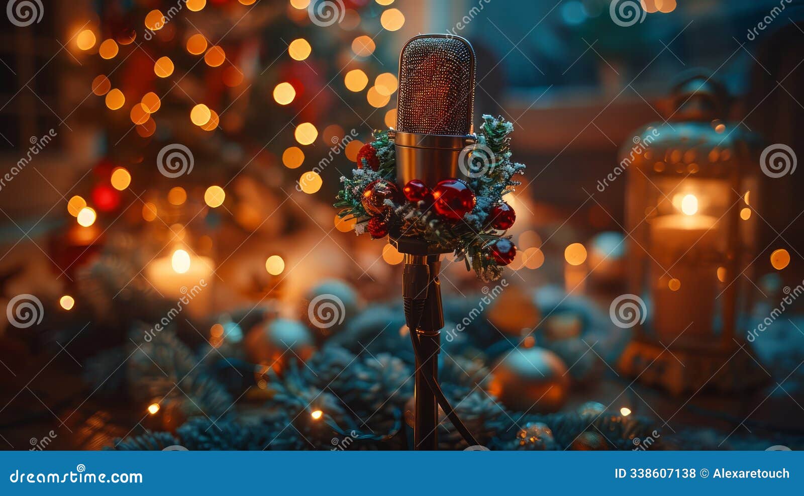 A Microphone with Christmas Decorations and Lights in the Background ...