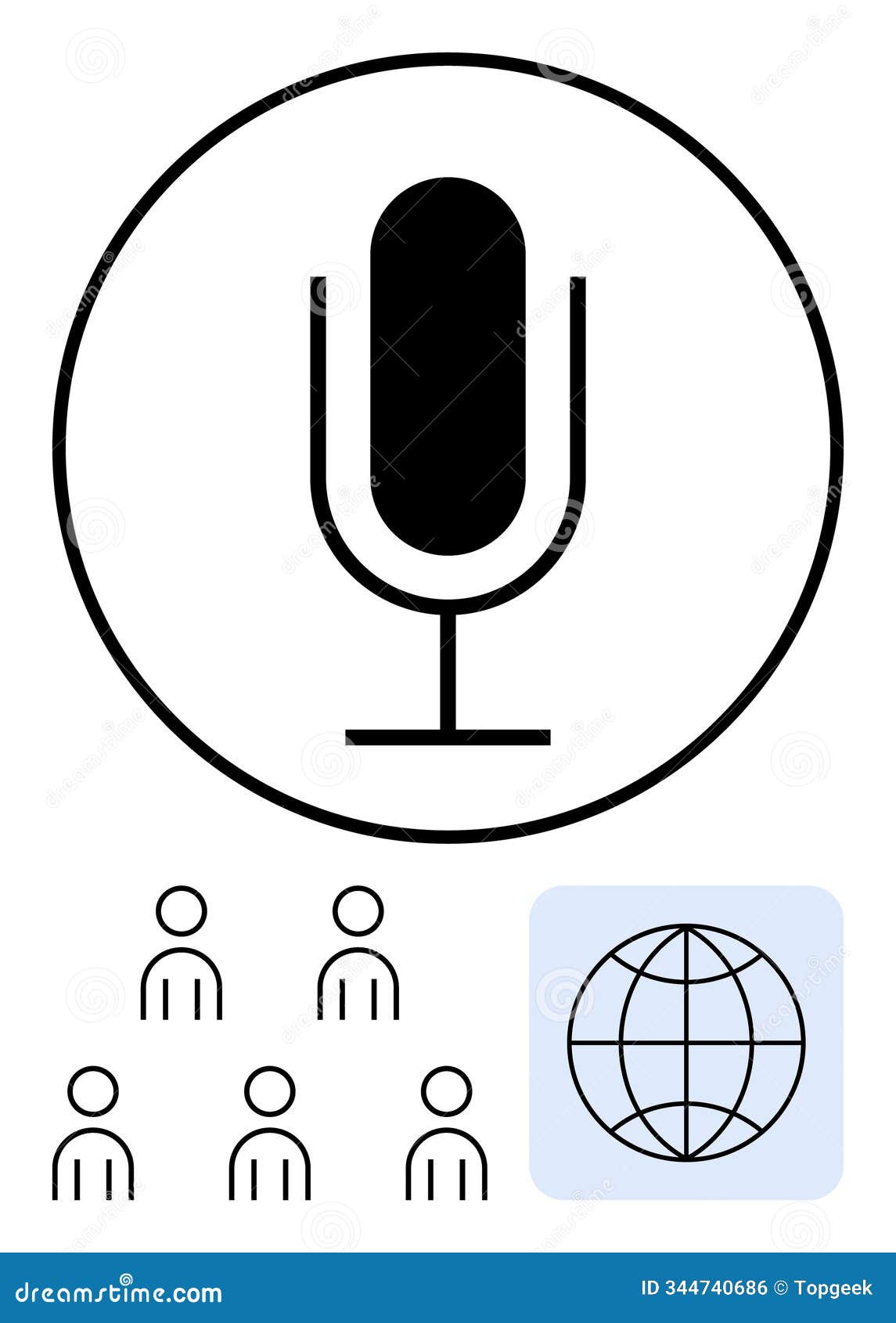 Microphone in Circle with Group of People and Globe Symbol Below Stock ...