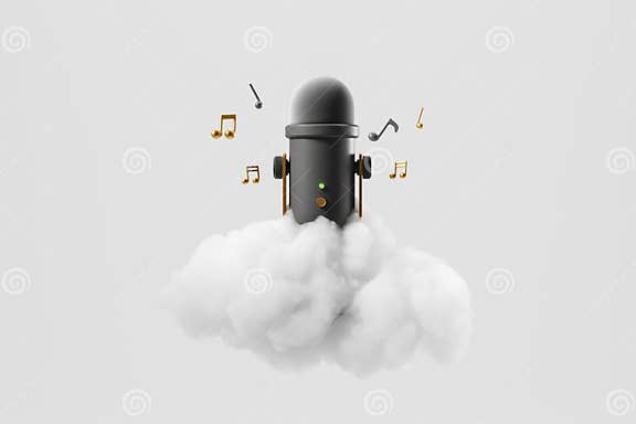 Microphone on a Cloud for Recording Podcast, Musical Notes. Copy Space ...
