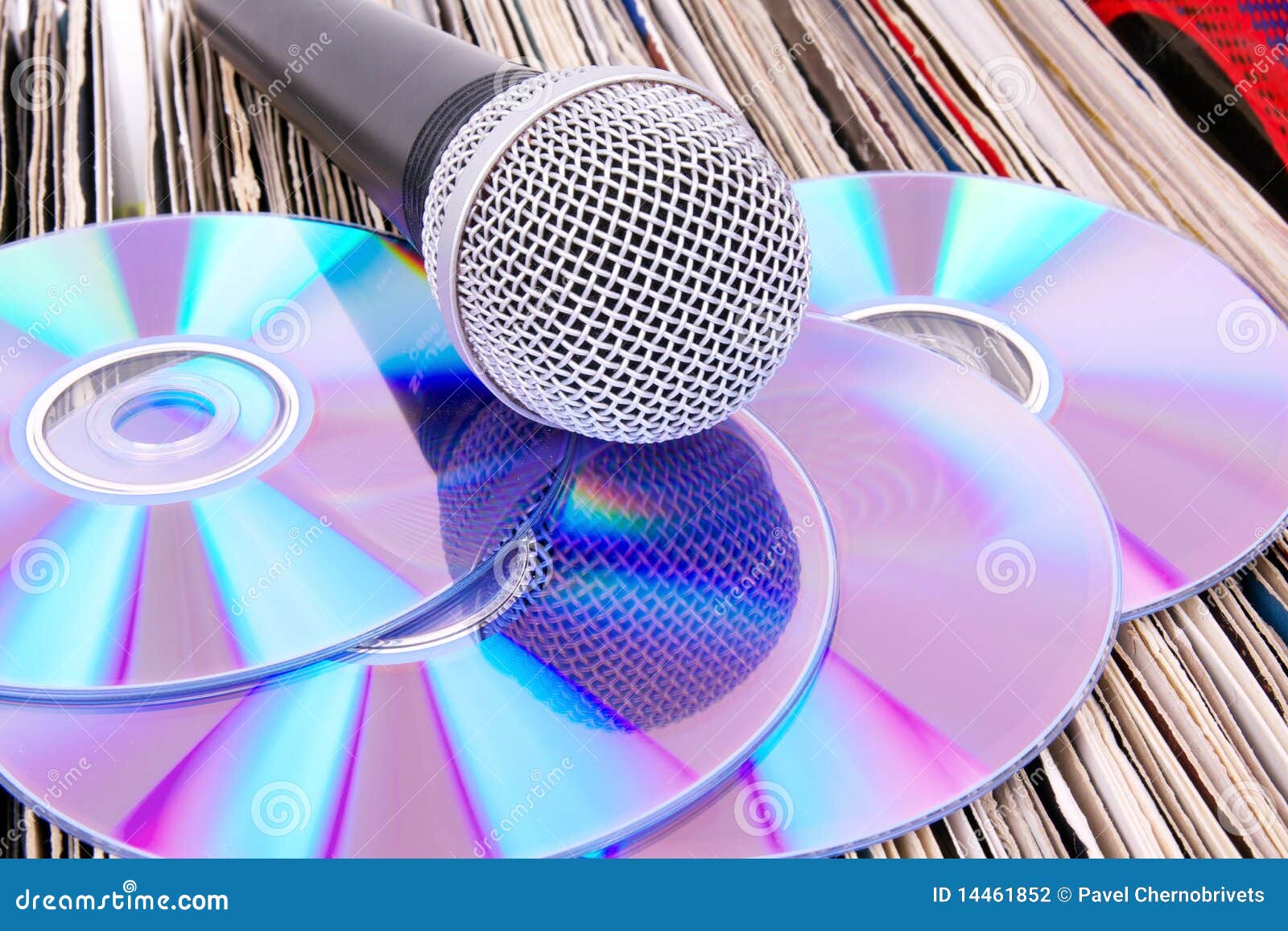 Microphone and Compact Disks on Records Stock Photo - Image of ...