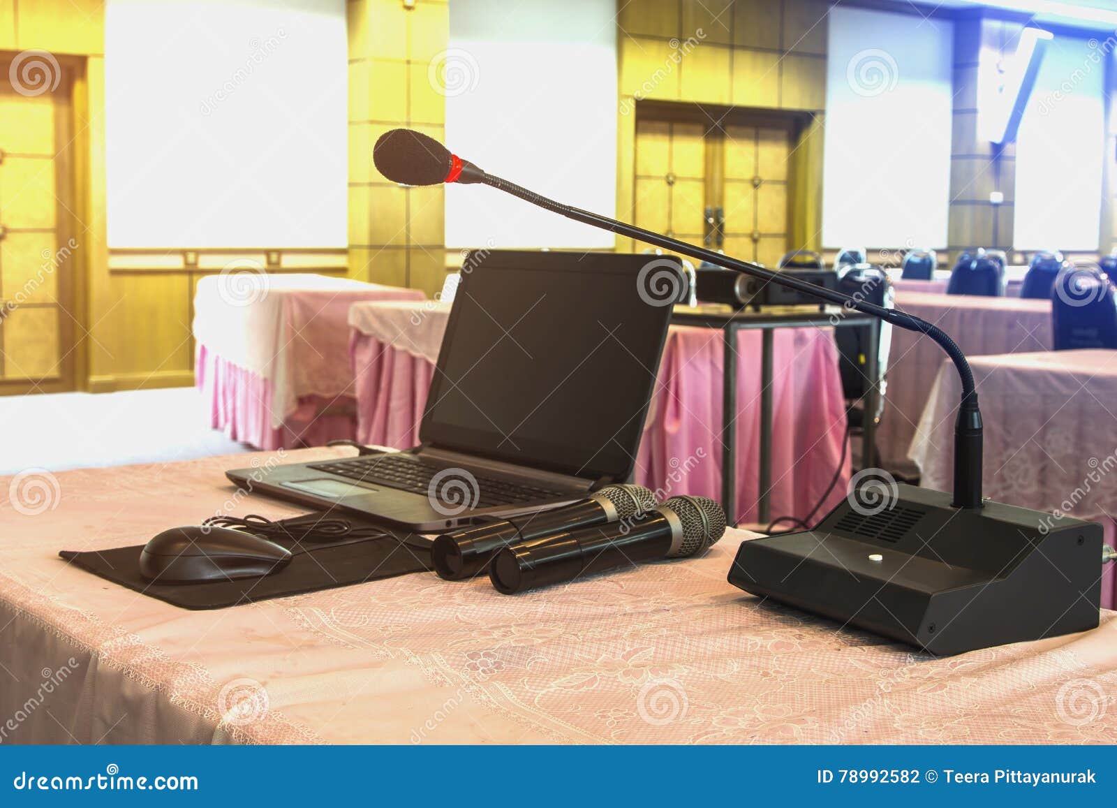 Microphone and Computer in a Conference Room Stock Photo - Image of ...