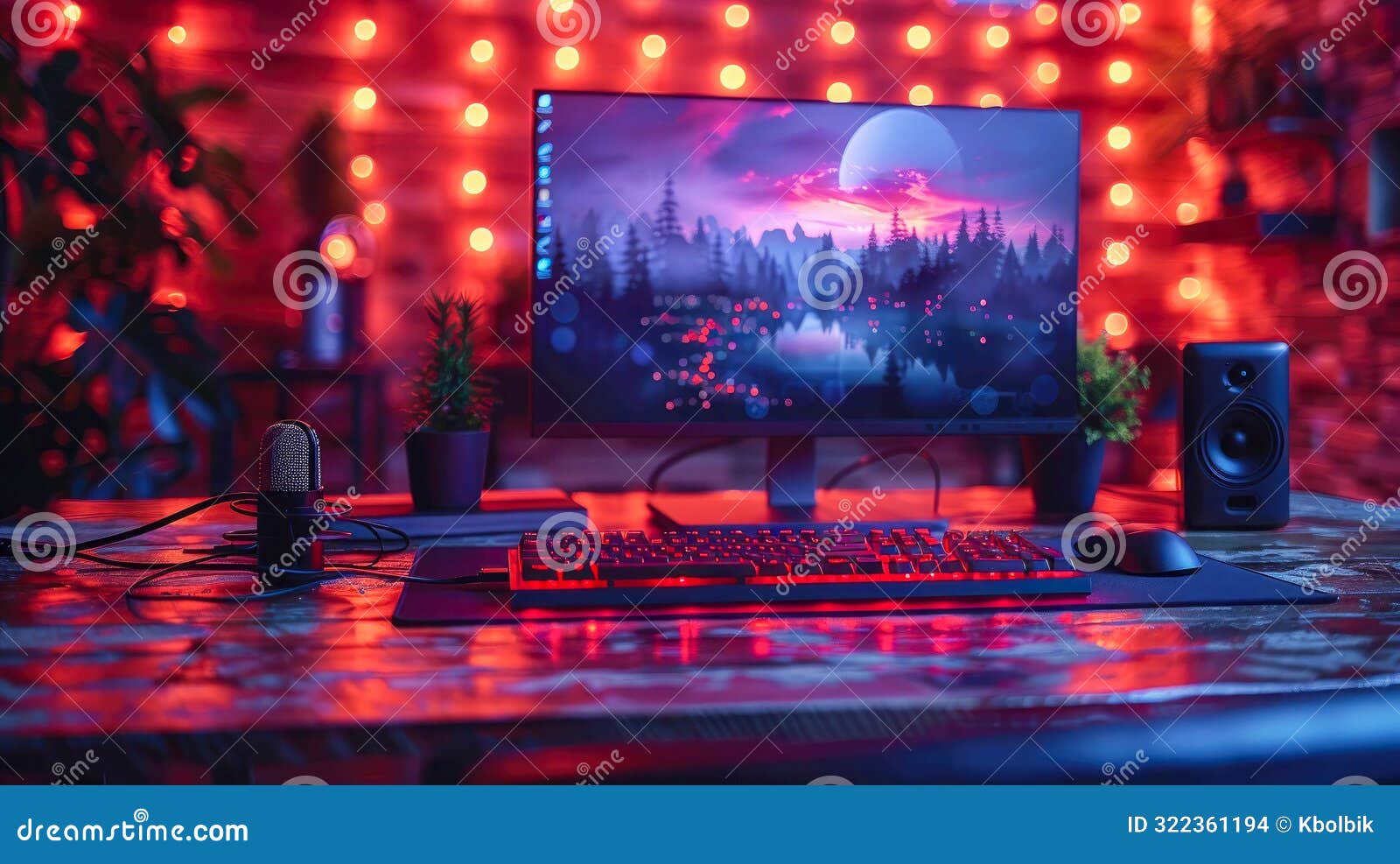 Microphone and Computer Keyboard on the Table in Front of the Monitor ...