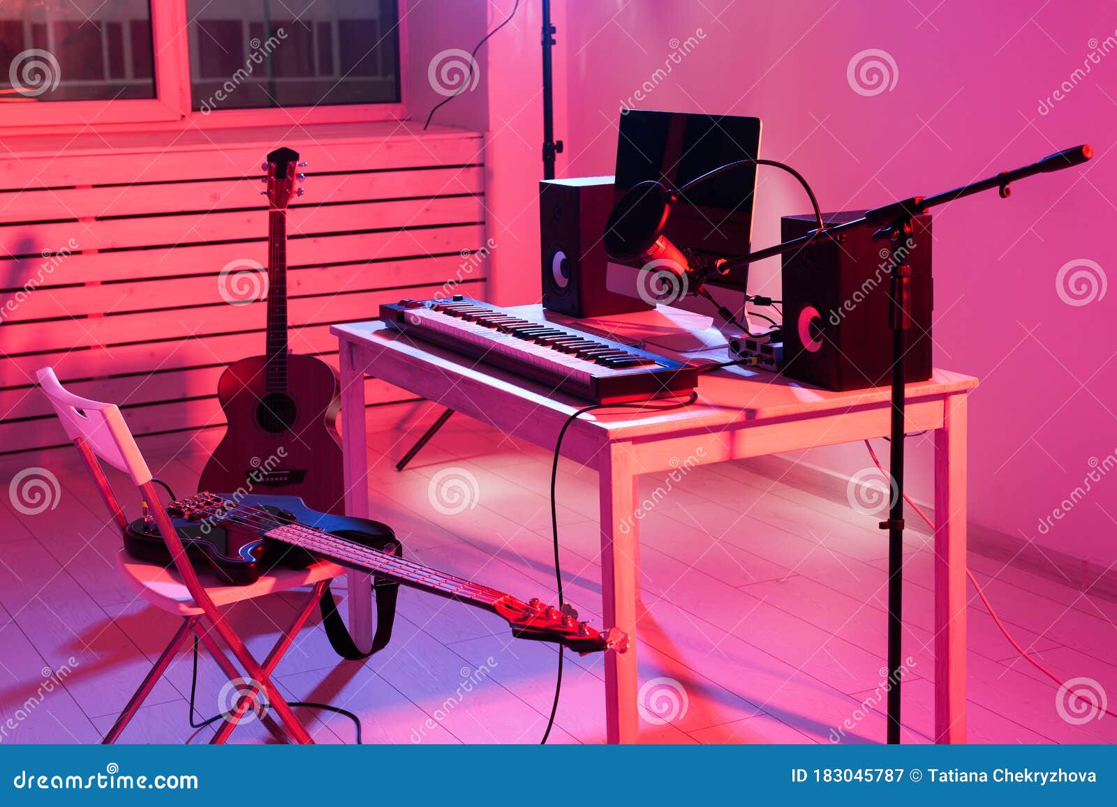 Microphone, Computer and Musical Equipment Guitars and Piano Background ...