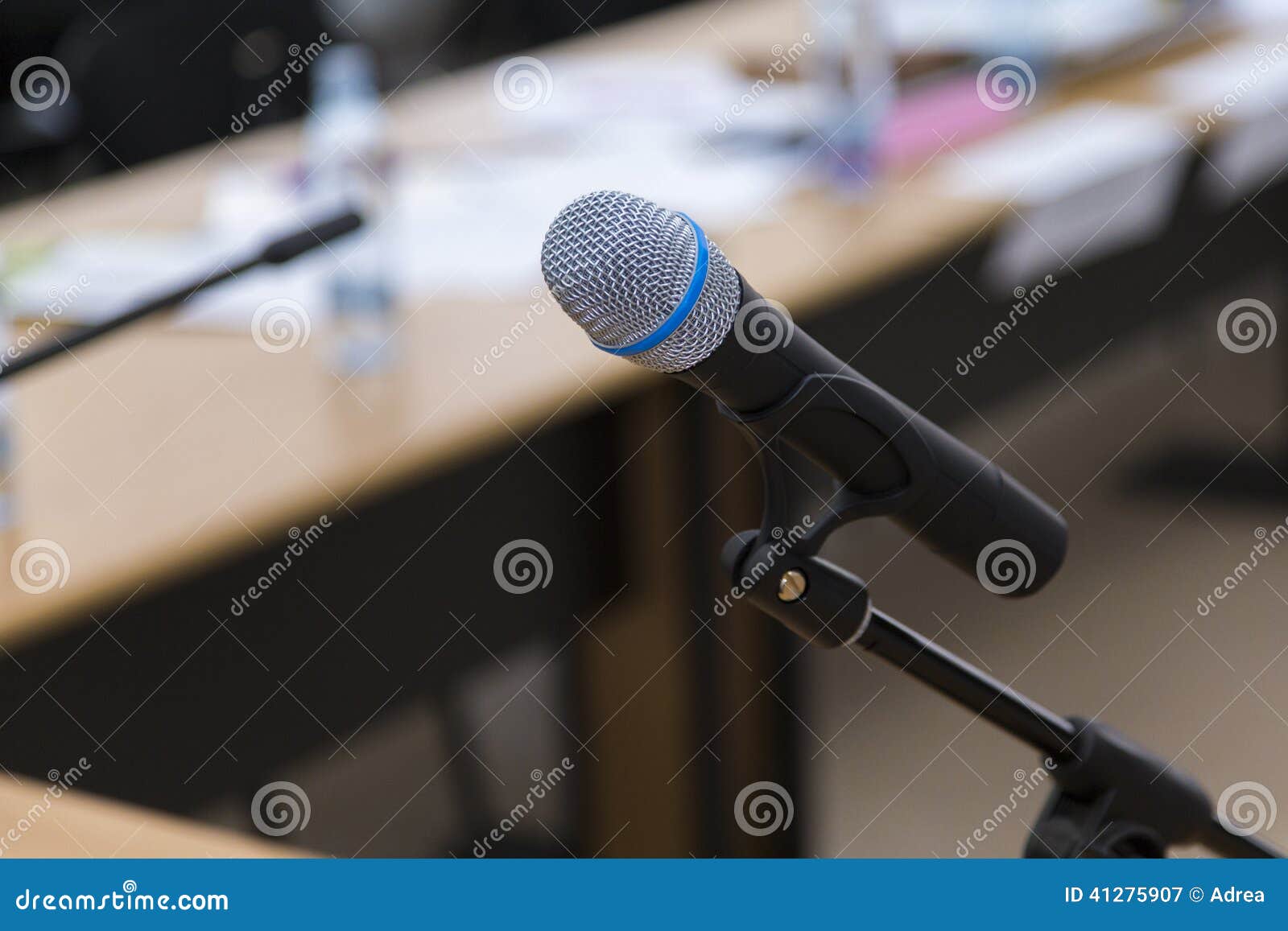 Microphone and Arranged Tables in a Conference Room Stock Image - Image ...