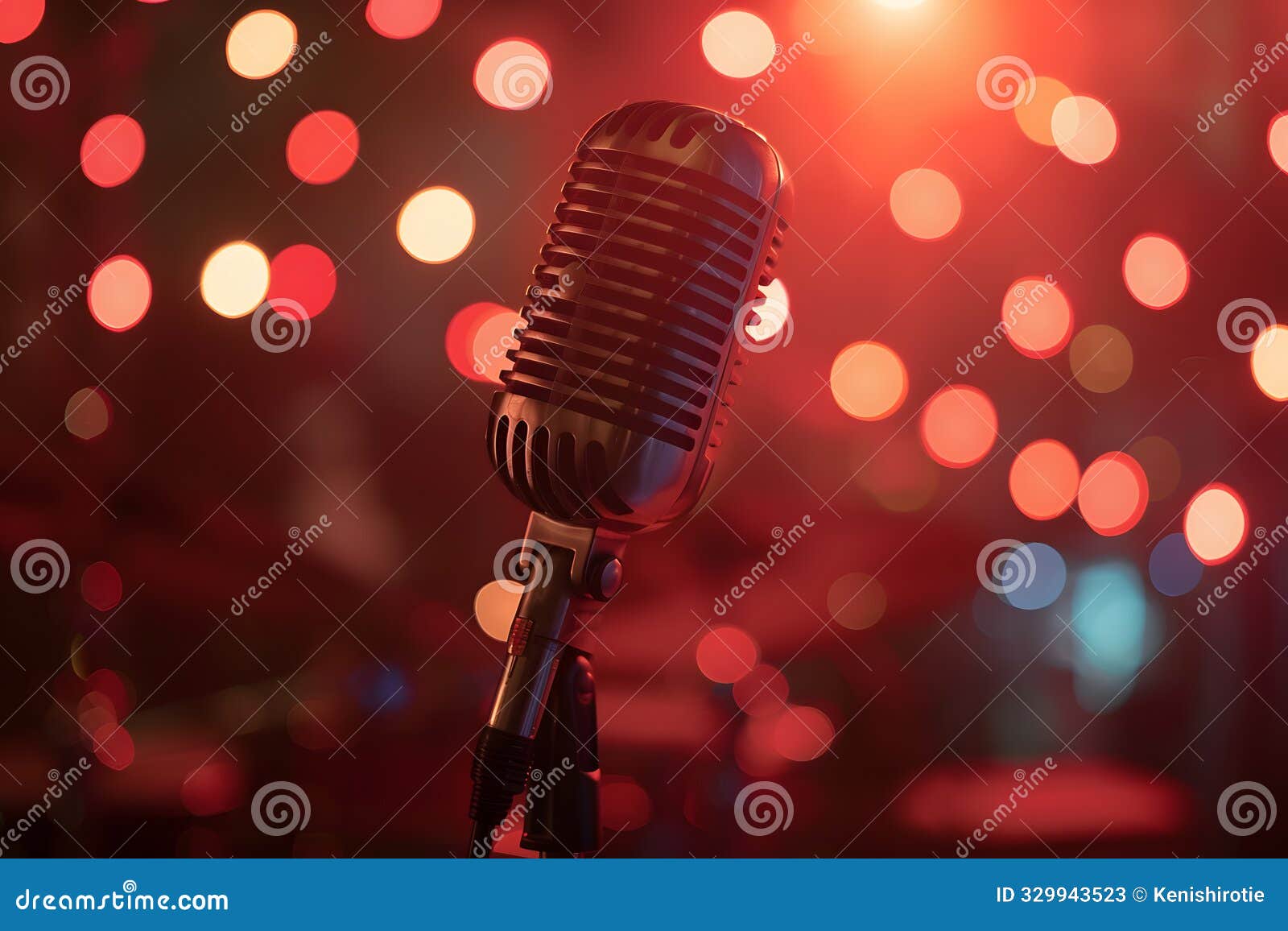 Microphone on Dramatic Stage with Colorful Lighting and Fog Effects ...