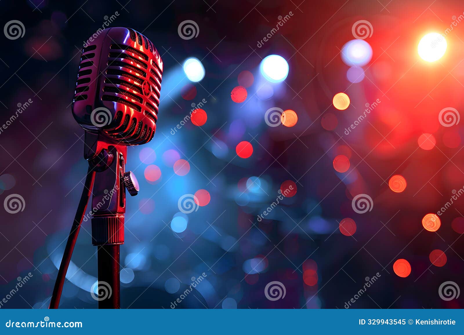 Microphone on Dramatic Stage with Colorful Lighting and Fog Effects ...