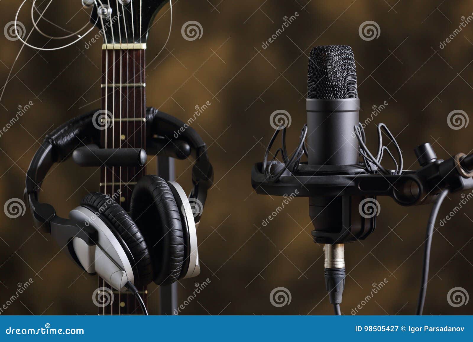 Microphone, Earphones and Electric Guitar Stock Image - Image of ...