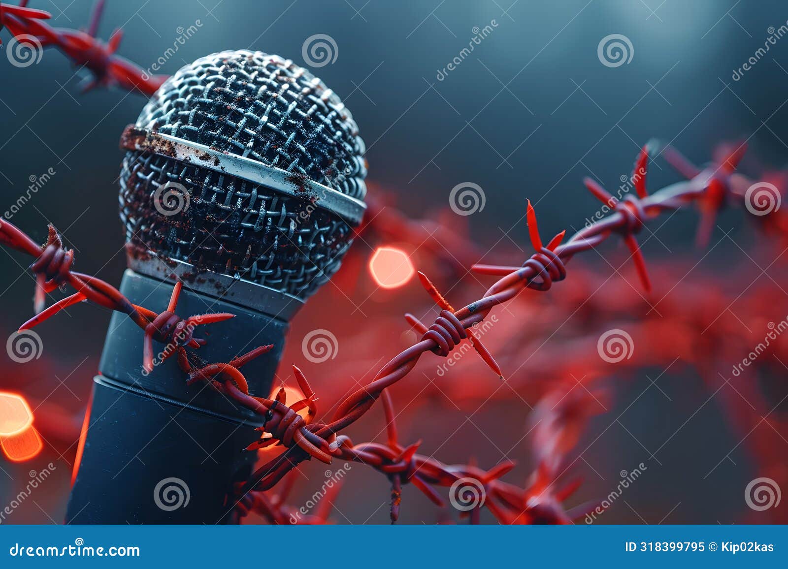 Microphone Entangled in Red Barbed Wire with Moody Background Lighting ...