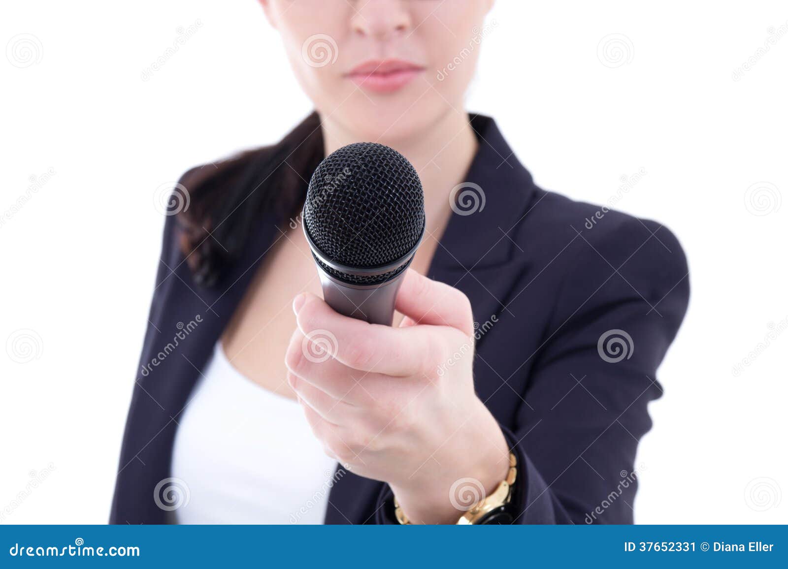 Microphone In Female Reporter's Hand Over White Stock Image - Image ...