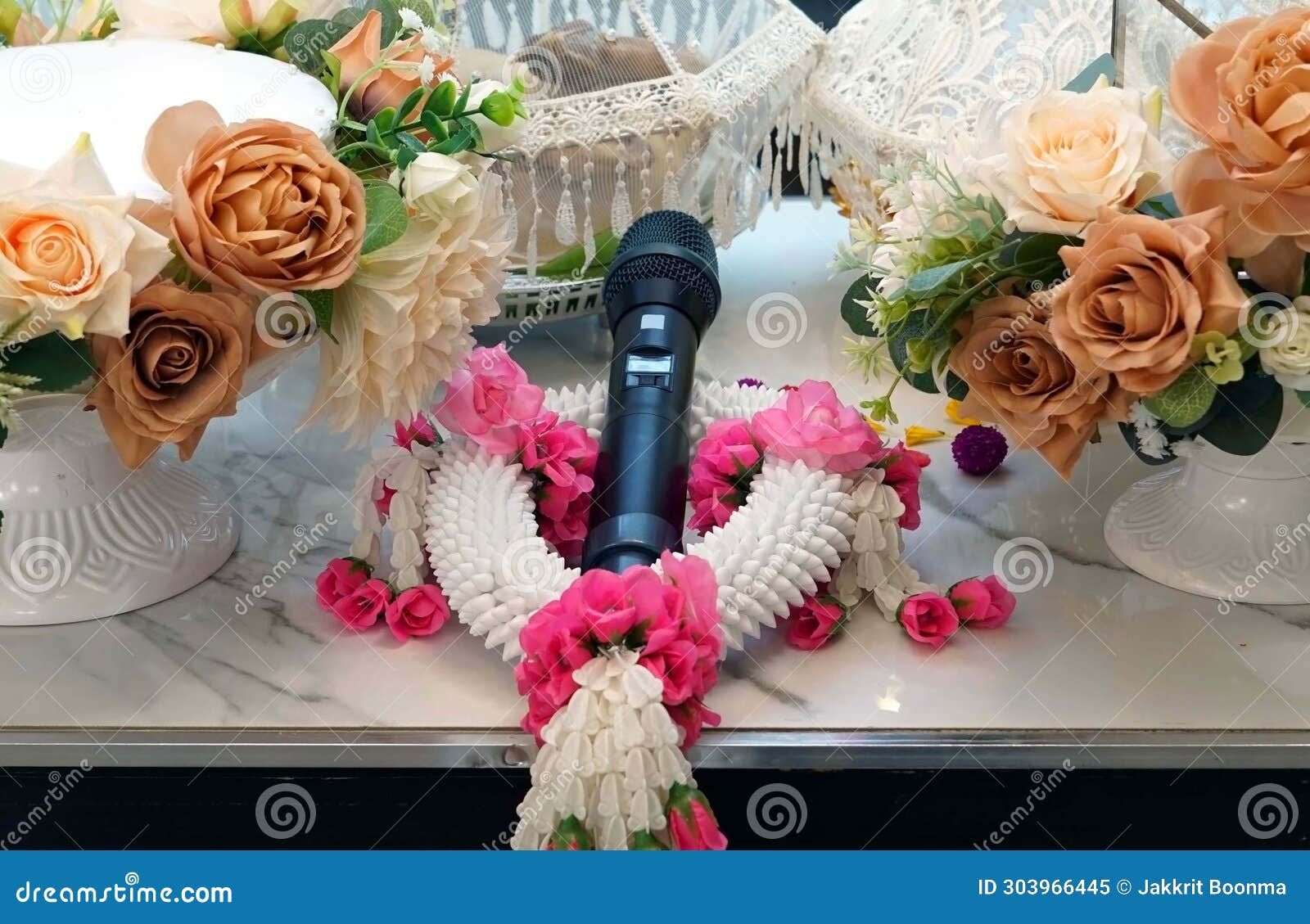 Microphone and Flowers on Table in a Wedding Reception for Thai Wedding ...