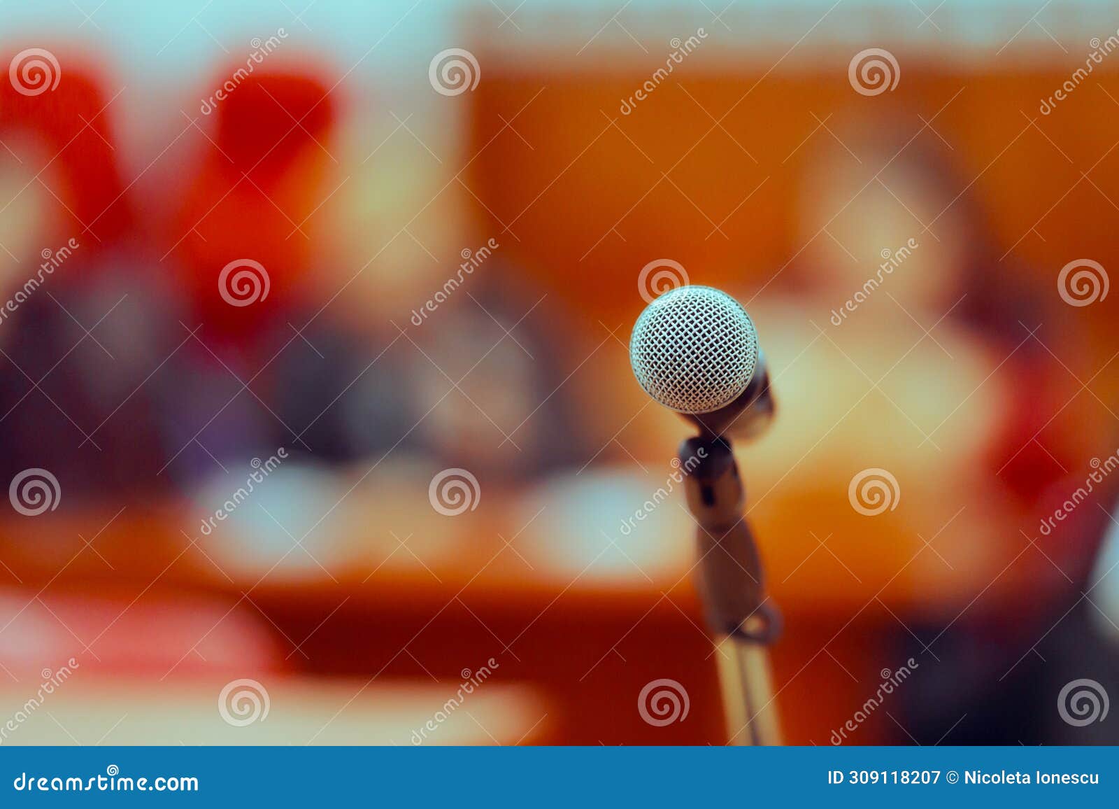 Microphone in Front of an Audience at a Press Conference Event Stock ...