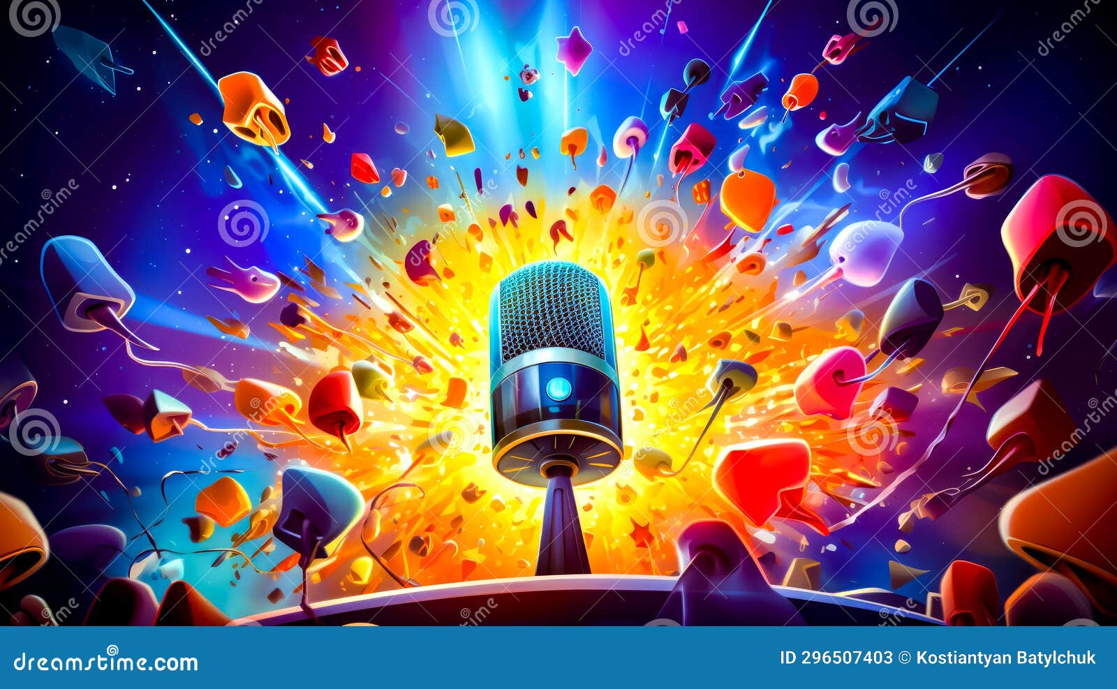 Microphone in Front of Colorful Explosion of Balloons and Confetti ...